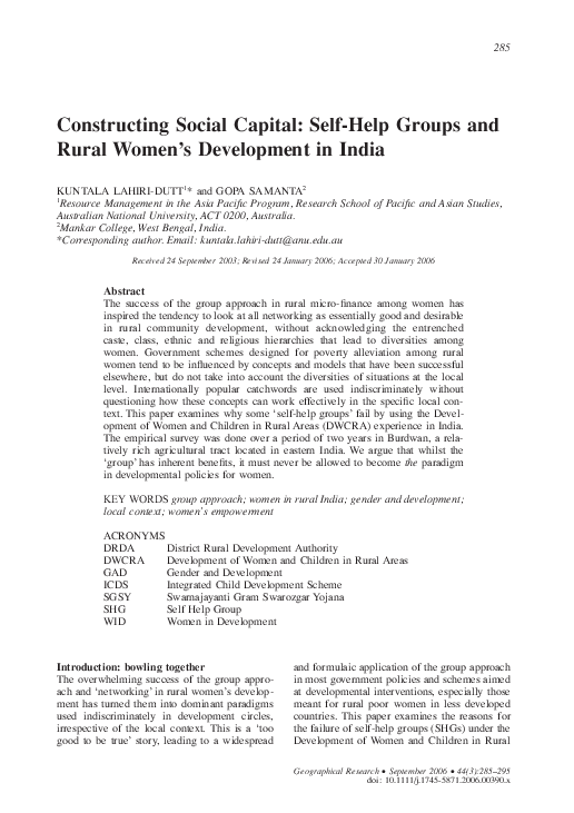 (PDF) Constructing social capital: Self-help groups and rural women's ...