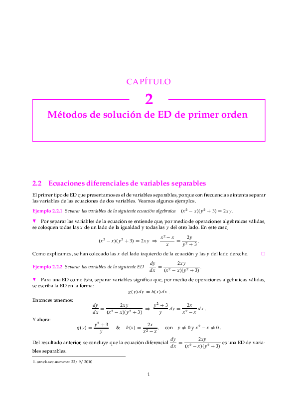 (PDF) CAPÍTULO 2 Métodos de solución de ED de primer orden 2.2 Ecuaciones diferenciales de ...
