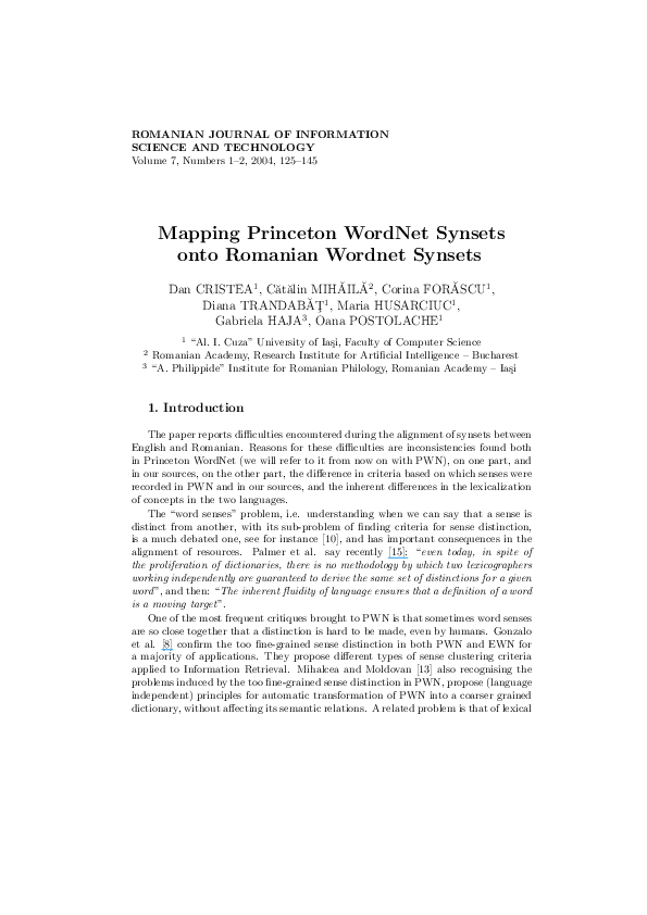 (PDF) Mapping Princeton WordNet synsets onto Romanian WordNet synsets ...