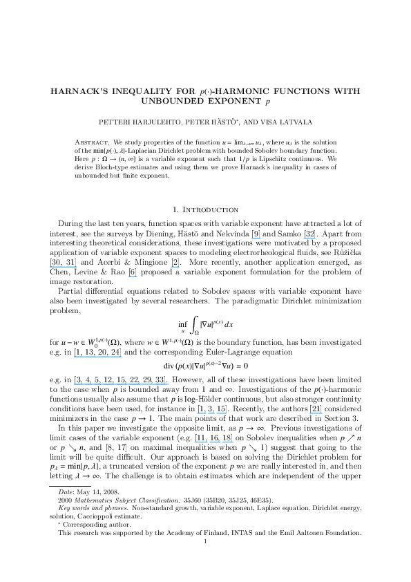 (PDF) Harnack's inequality for p ( ⋅ ) -harmonic functions with unbounded exponent p