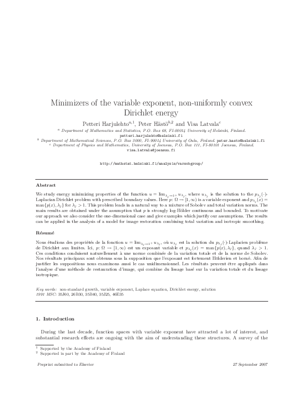 (PDF) Minimizers of the variable exponent, non-uniformly convex Dirichlet energy