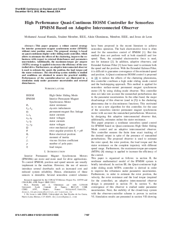 (PDF) High Performance Quasi-Continous HOSM Controller for Sensorless IPMSM Based on Adaptive ...
