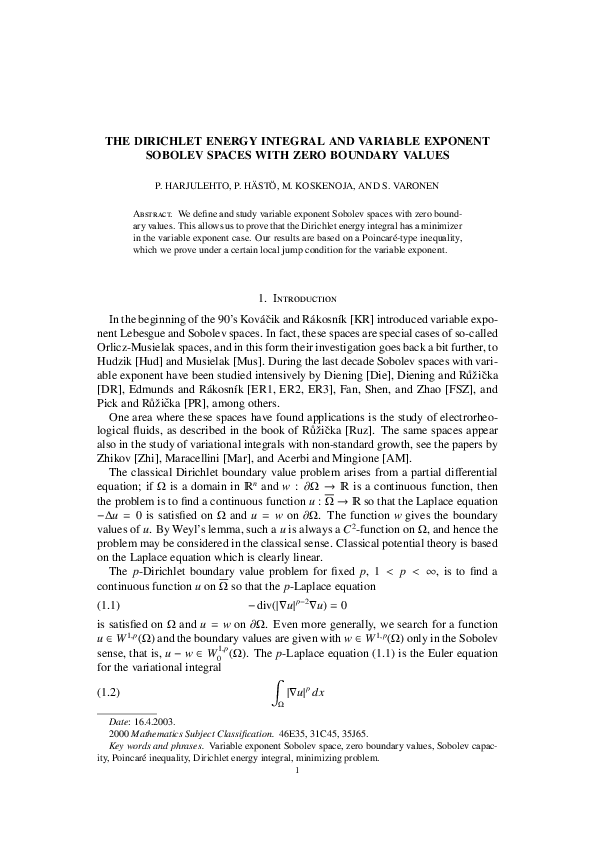 Pdf The Dirichlet Energy Integral And Variable Exponent Sobolev Spaces With Zero Boundary Values
