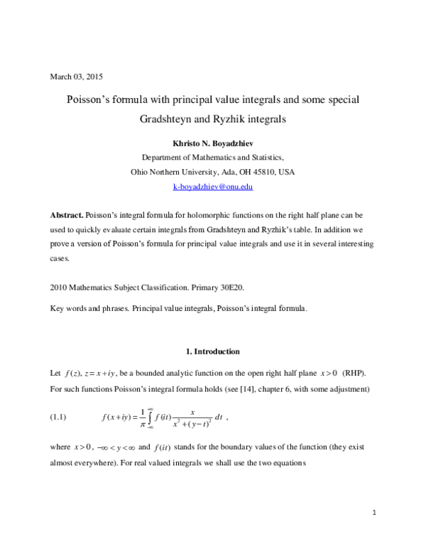(PDF) The integral formula of Poisson with principal value integrals and some special Gradshteyn ...