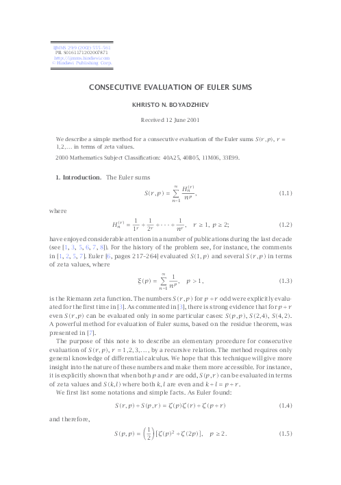 (PDF) Consecutive evaluation of Euler sums