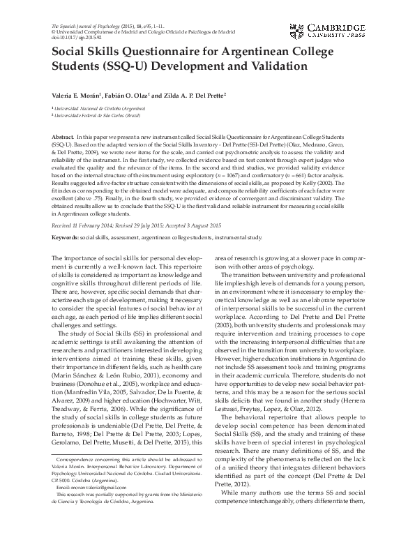 (PDF) Social Skills Questionnaire for Argentinean College Students (SSQ ...
