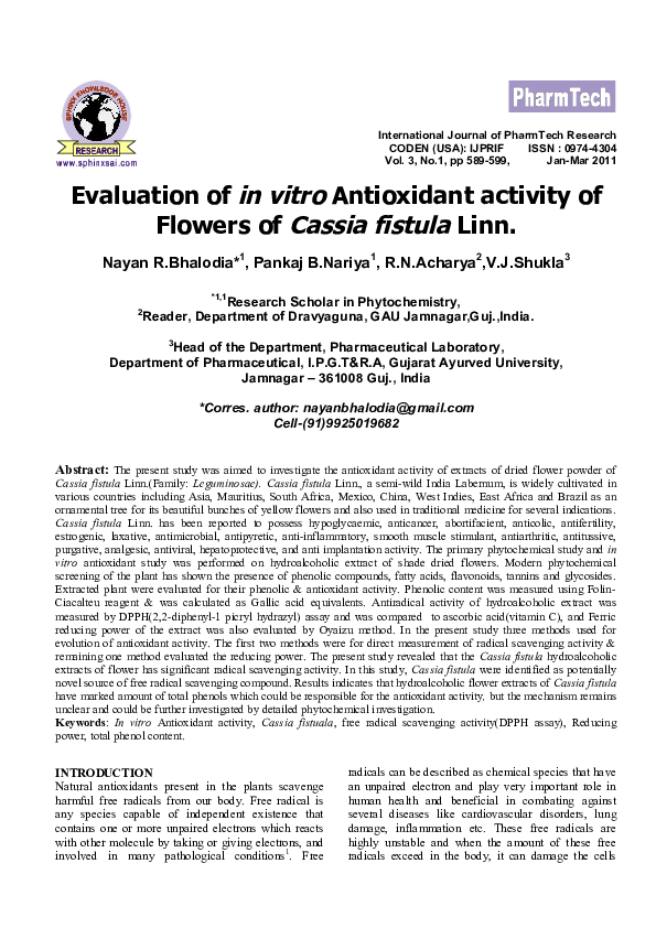 (PDF) Evaluation of in vitro Antioxidant activity of Flowers of Cassia fistula Linn