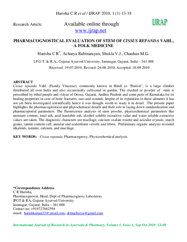 (PDF) Pharmacognostical Evaluation of Stem of Cissus Repanda Vahl, a ...