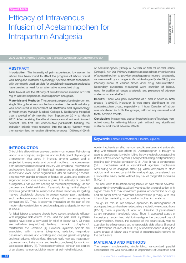 (PDF) Efficacy of Intravenous Infusion of Acetaminophen for Intrapartum ...
