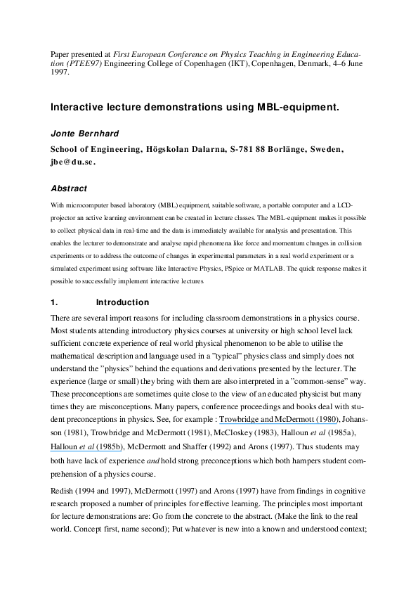 (PDF) Interactive lecture demonstrations using MBL-equipment