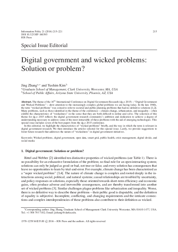(PDF) Digital government and wicked problems: Solution or problem
