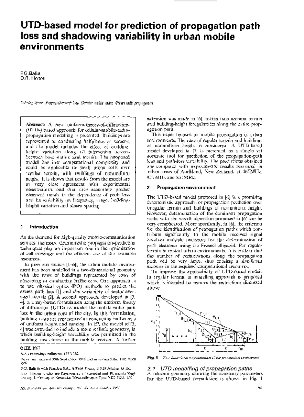 Pdf Utd Based Model For Prediction Of Propagation Path Loss And Shadowing Variability In Urban