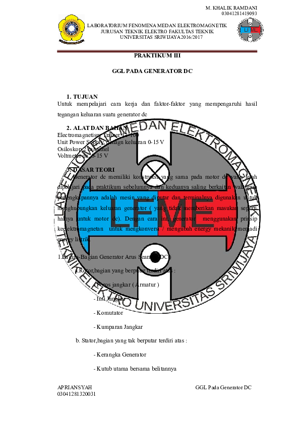 (DOC) PRAKTIKUM III GGL PADA GENERATOR DC