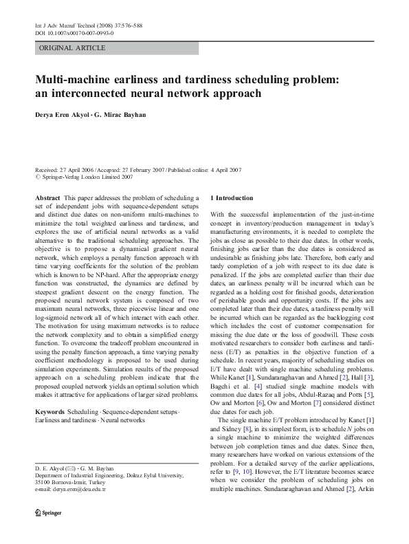 Pdf Multi Machine Earliness And Tardiness Scheduling Problem An Interconnected Neural Network