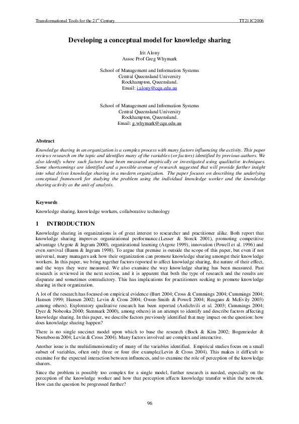 (PDF) Developing a conceptual model for knowledge sharing