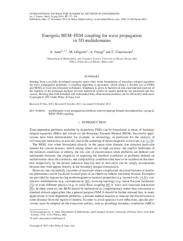 Pdf Energetic Bem Fem Coupling For Wave Propagation In 3d Multidomains Attilio Frangi