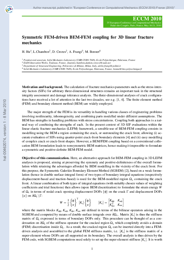 (PDF) Symmetric FEM-driven BEM-FEM coupling for 3D linear fracture mechanics