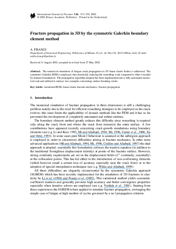 (PDF) Fracture propagation in 3D by the symmetric Galerkin boundary element method