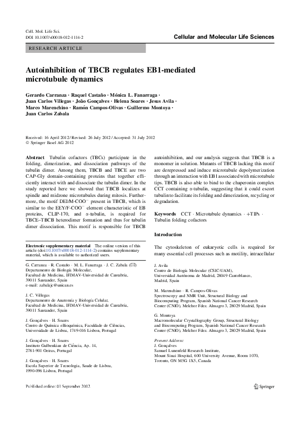 (PDF) Autoinhibition of TBCB regulates EB1-mediated microtubule dynamics