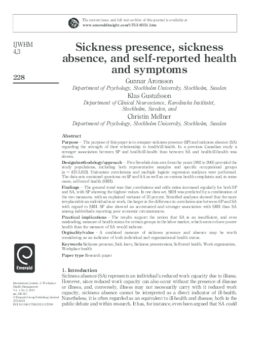 (PDF) Sickness presence, sickness absence, and self-reported health and symptoms