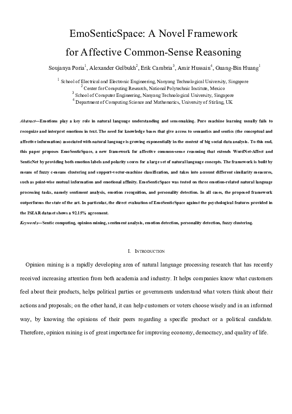 Pdf Emosenticspace A Novel Framework For Affective Common Sense Reasoning Alexander Gelbukh