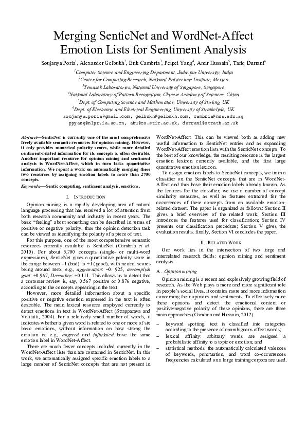 (PDF) Merging SenticNet and WordNet-Affect emotion lists for sentiment ...