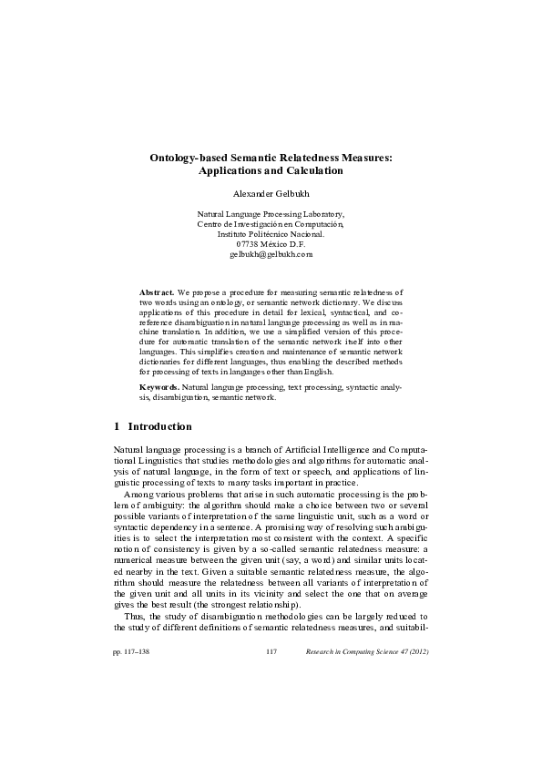 (PDF) Ontology-based semantic relatedness measures: Applications and calculation