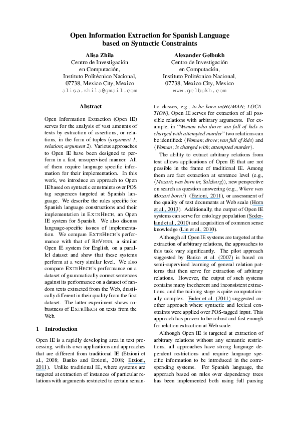 (PDF) Open Information Extraction for Spanish Language based on Syntactic Constraints