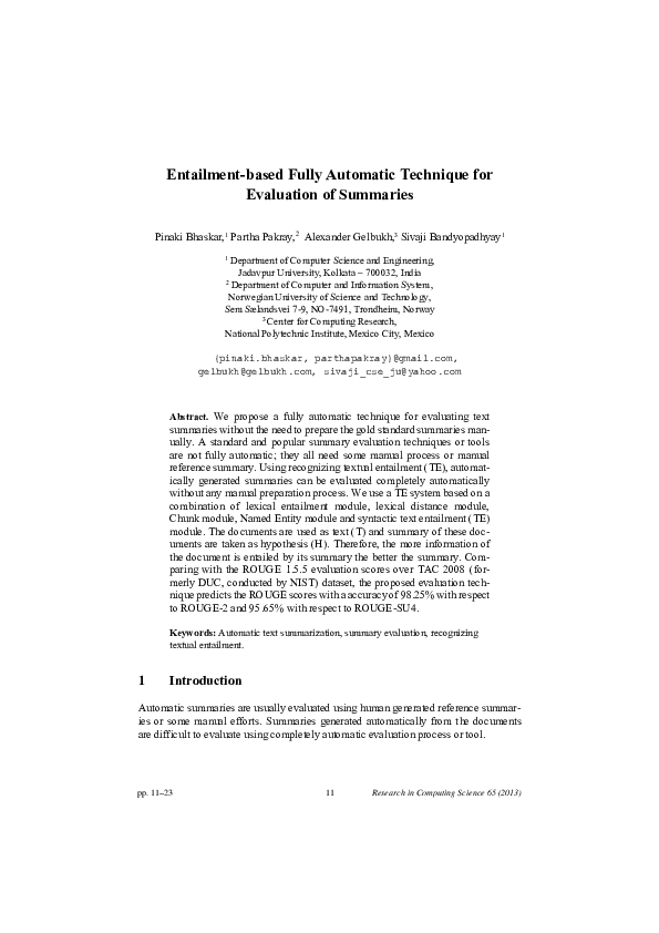 (PDF) Entailment-based Fully Automatic Technique for Evaluation of Summaries