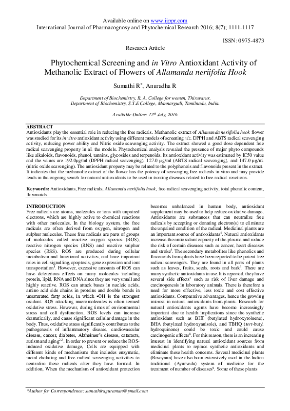 (PDF) Phytochemical Screening and in Vitro Antioxidant Activity of ...
