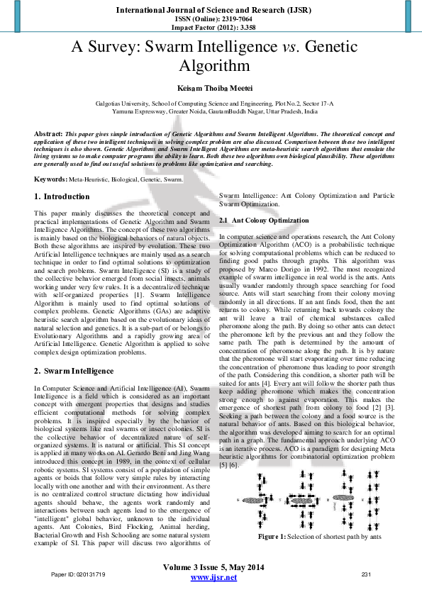 Pdf A Survey Swarm Intelligence Vs Genetic Algorithm Zalina Jamalludin