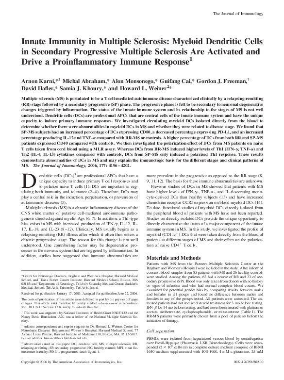 (PDF) Innate Immunity in Multiple Sclerosis: Myeloid Dendritic Cells in Secondary Progressive ...