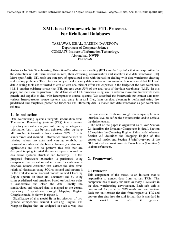 Pdf Xml Based Framework For Etl Processes For Relational Databases