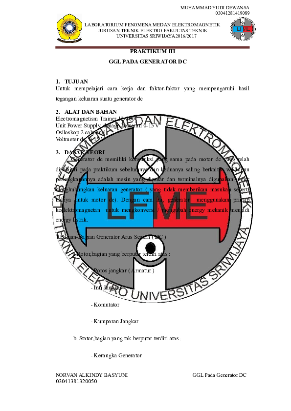 (DOC) PRAKTIKUM III GGL PADA GENERATOR DC