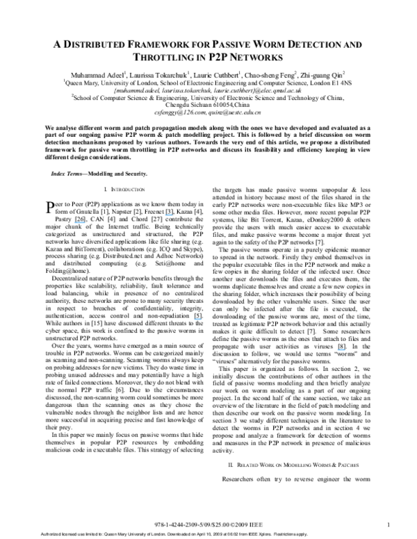 Pdf A Distributed Framework For Passive Worm Detection And Throttling