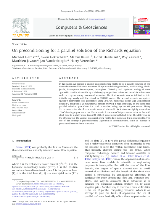 Pdf On Preconditioning For A Parallel Solution Of The Richards Equation