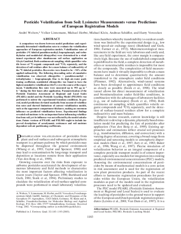 (PDF) Pesticide volatilization from soil: lysimeter measurements versus ...