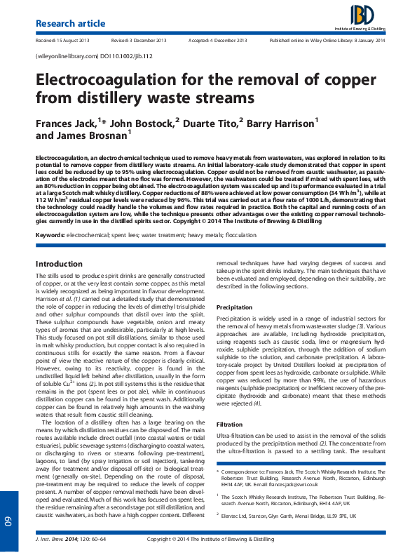 (PDF) Electrocoagulation for the removal of copper from distillery ...