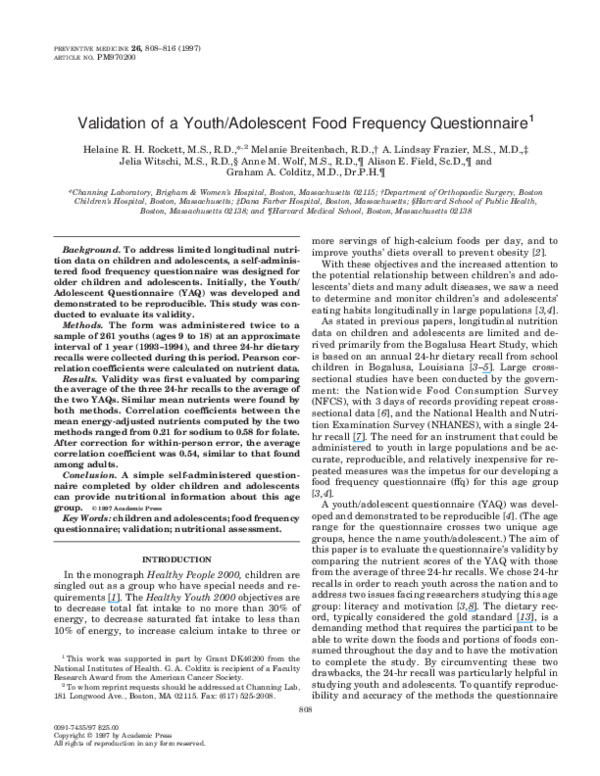 Pdf Validation Of A Youth Adolescent Food Frequency Questionnaire