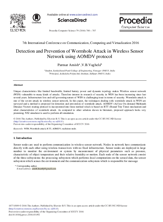 Pdf Detection And Prevention Of Wormhole Attack In Wireless Sensor Network Using Aomdv Protocol