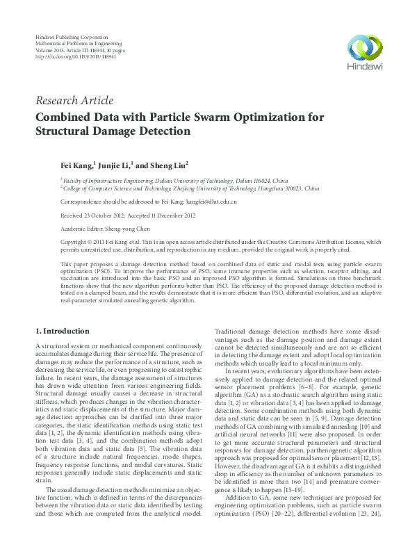 (PDF) Combined Data with Particle Swarm Optimization for Structural Damage Detection