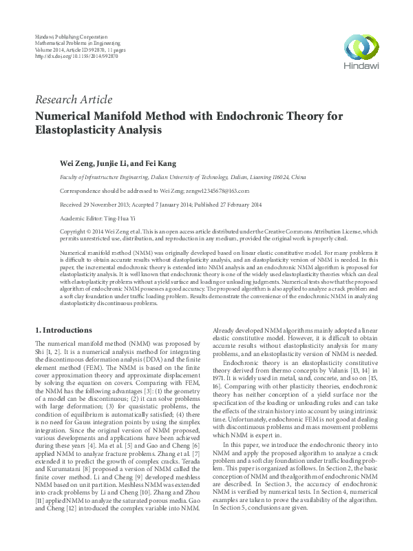 (PDF) Numerical Manifold Method with Endochronic Theory for Elastoplasticity Analysis