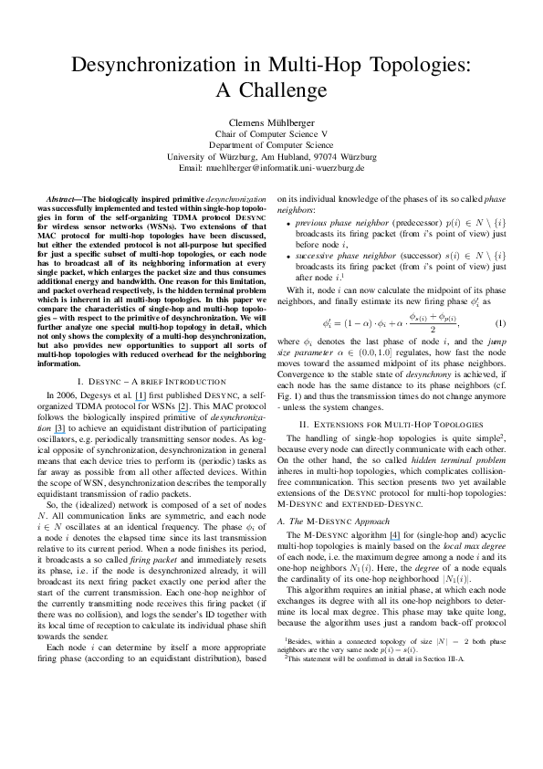 (PDF) Desynchronization in Multi-Hop Topologies A Challenge