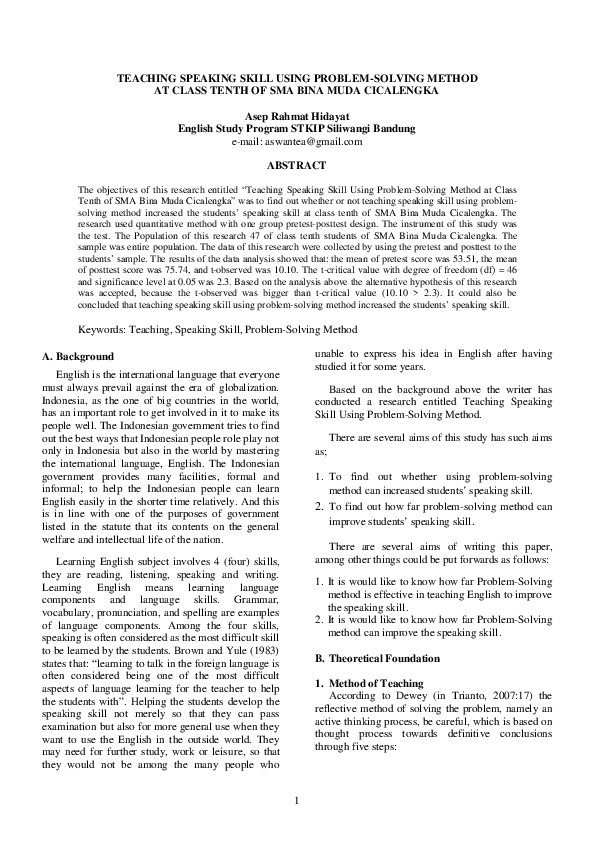 (PDF) TEACHING SPEAKING SKILL USING PROBLEM-SOLVING METHOD AT CLASS TENTH OF SMA BINA MUDA ...