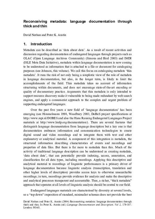 (PDF) Reconceiving metadata: language documentation through thick and thin