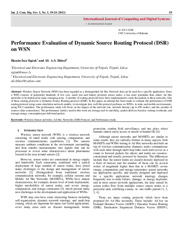 Pdf Performance Evaluation Of Dynamic Source Routing Protocol Dsr On Wsn