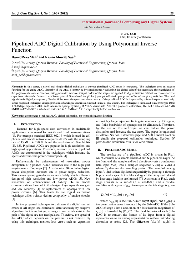Pdf Pipelined Adc Digital Calibration By Using Polynomial Inverse Function