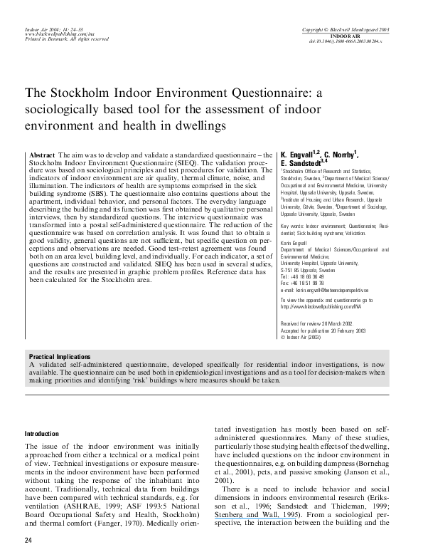 (PDF) The Stockholm Indoor Environment Questionnaire: a sociologically ...