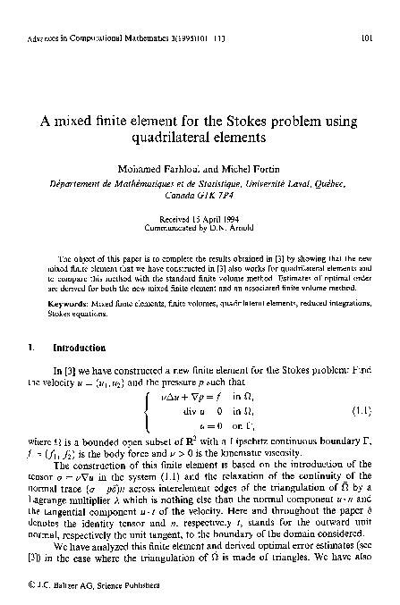 (PDF) A mixed finite element for the stokes problem using quadrilateral elements