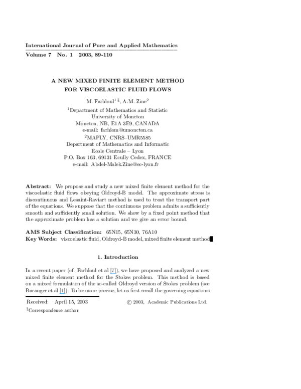 Pdf A New Mixed Finite Element Method For Viscoelastic Flows Governed By Differential